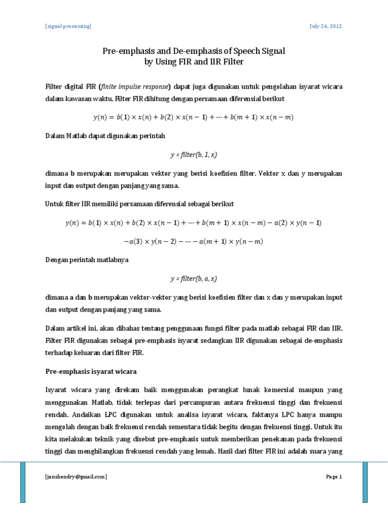 Pre-Emphasis and De-Emphasis of Speech Signal by Using FIR and IIR ...