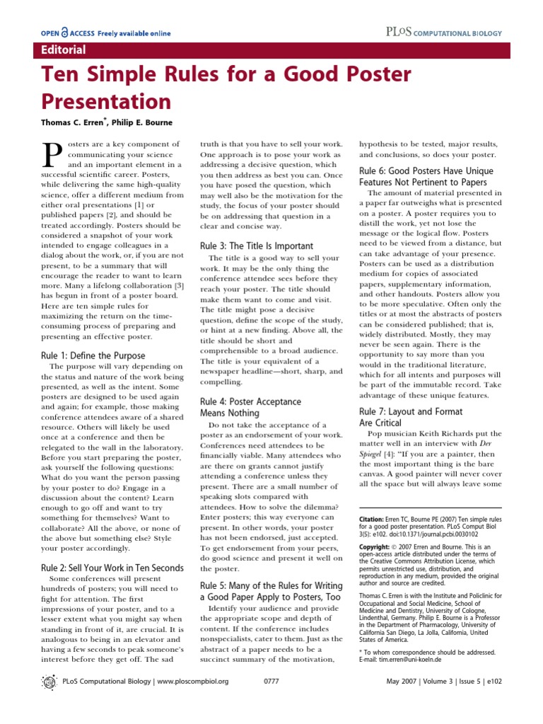 Ten Simple Rules For A Good Poster | PDF | Poster | Abstract (Summary)