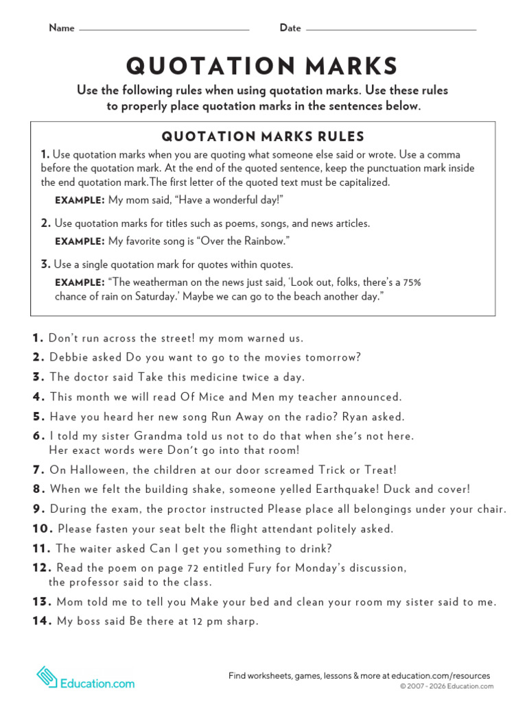 Quotation Marks Worksheet | PDF