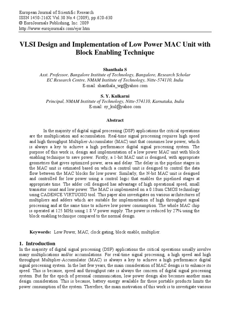 VLSI Design and Implementation of Low Power MAC Unit With Block Enabling Technique | PDF ...