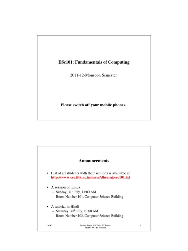Esc101: Fundamentals of Computing: 2011-12-Monsoon Semester | PDF | Computer Data Storage ...