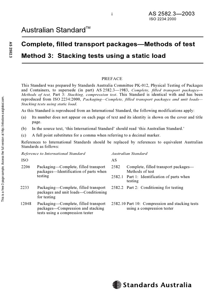As 2582.3-2003 Complete Filled Transport Packages - Methods of Test ...
