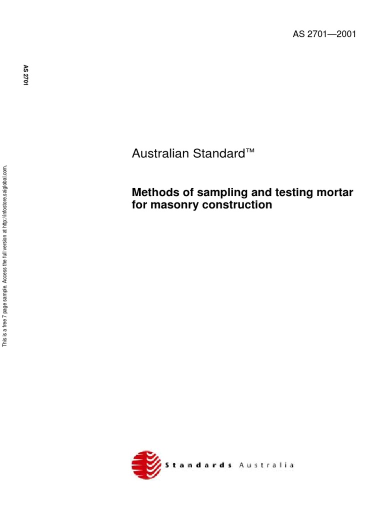 As 2701-2001 Methods of Sampling and Testing Mortar For Masonry ...