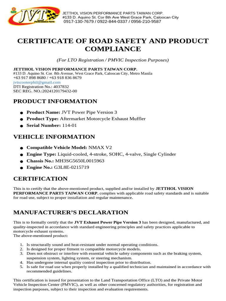Certificate of Road Safety and Product Compliance | PDF | Motor Vehicle ...
