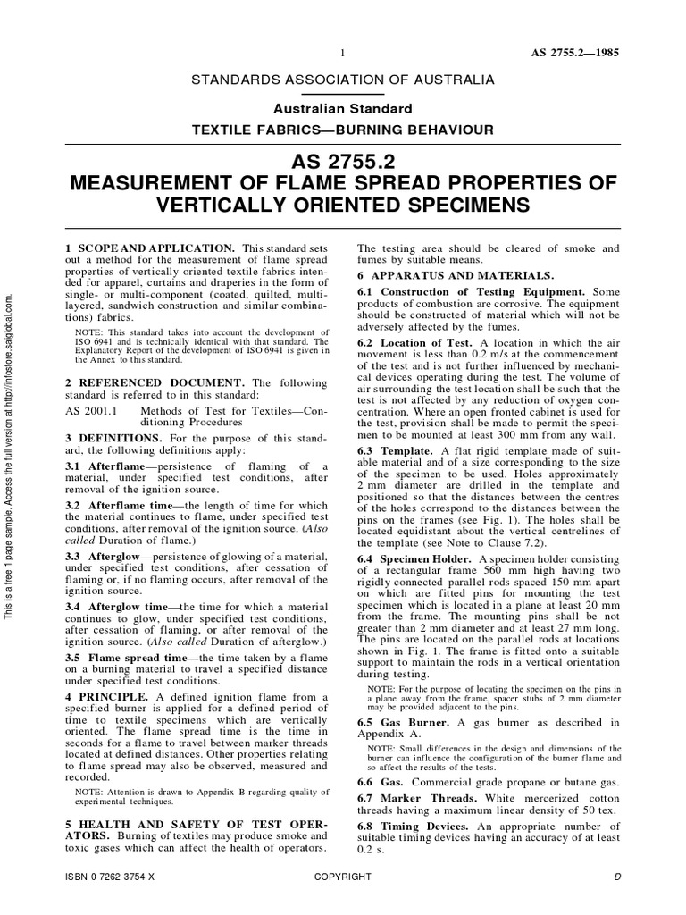 As 2755 2 1985 Textile Fabrics Burning Behaviour Measurement Of Flame