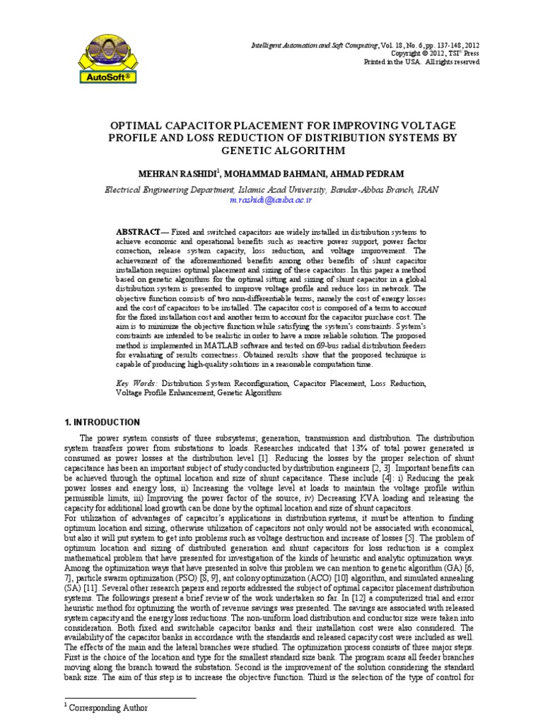Optimal Capacitor Placement For Improving Voltage Profile And Loss Reduction Of Distribution