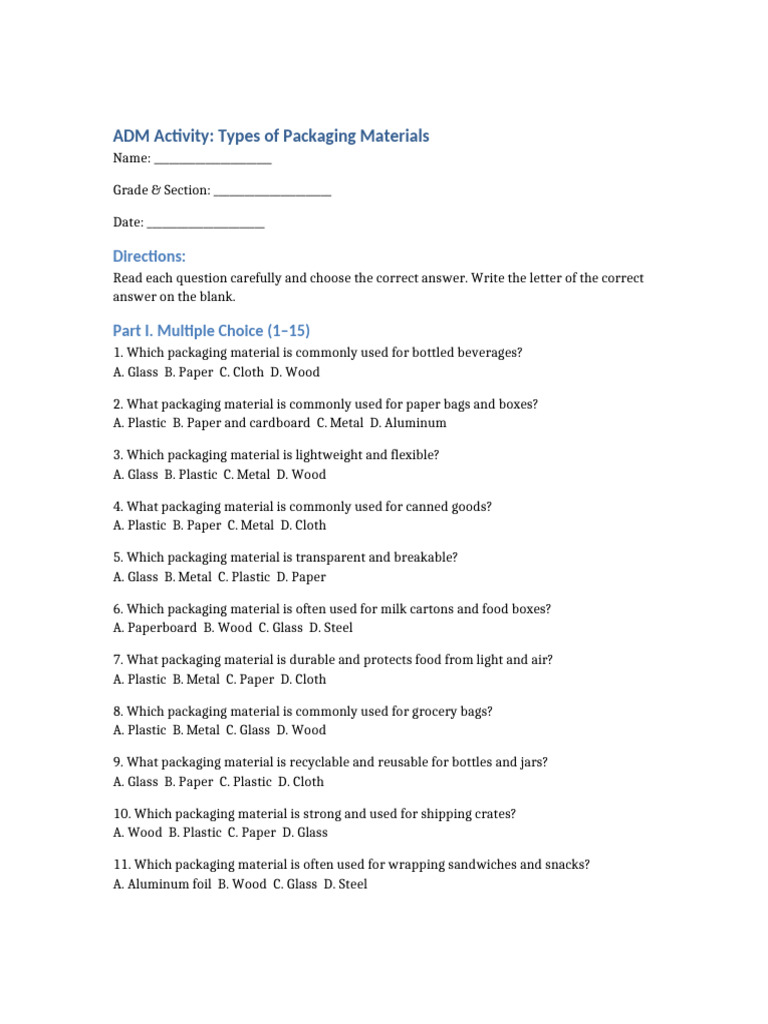 Types of Packaging Materials ADM Activity | PDF | Paperboard