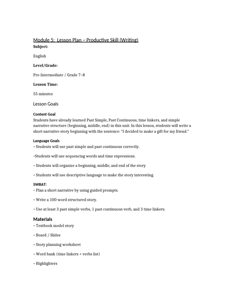 Lesson Plan - Productive Skills | PDF | Narrative | Lesson Plan