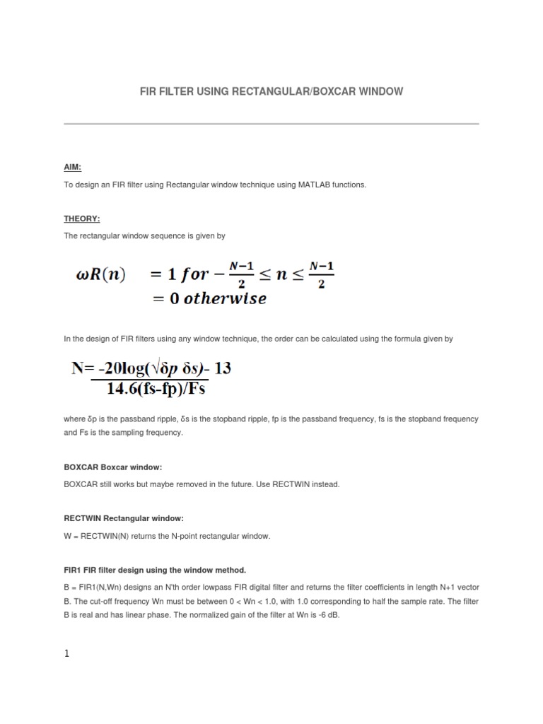 Fir Filter Using Rectangular/Boxcar Window | PDF | Low Pass Filter ...