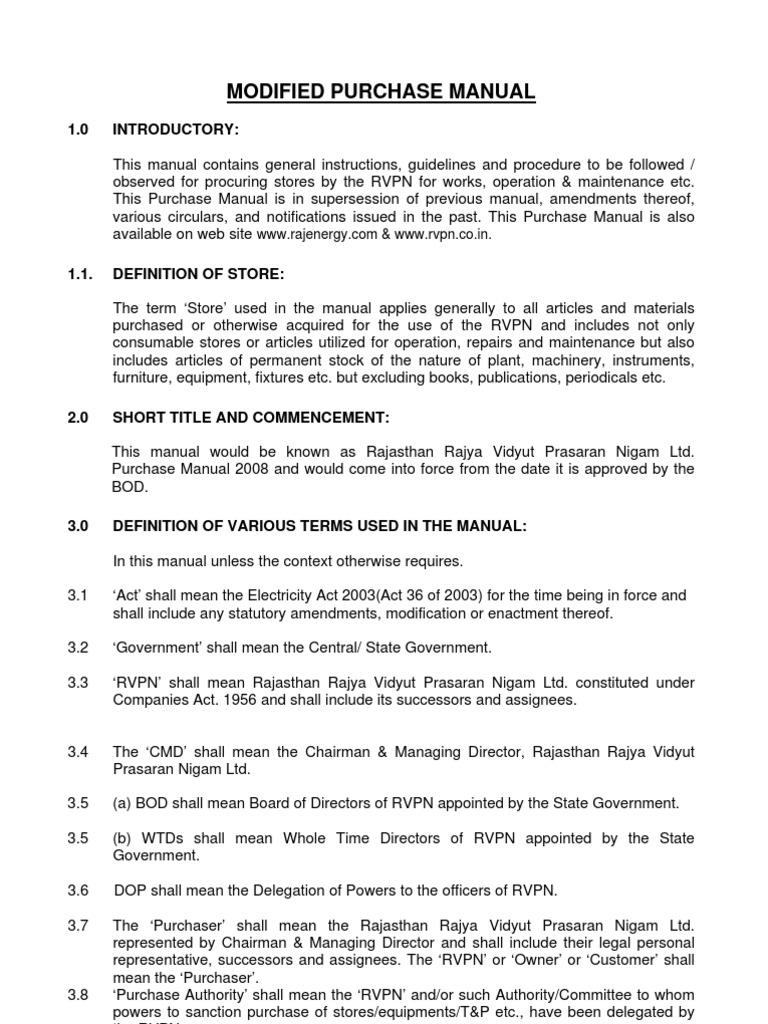 Purchase Manual | Specification (Technical Standard) | Procurement