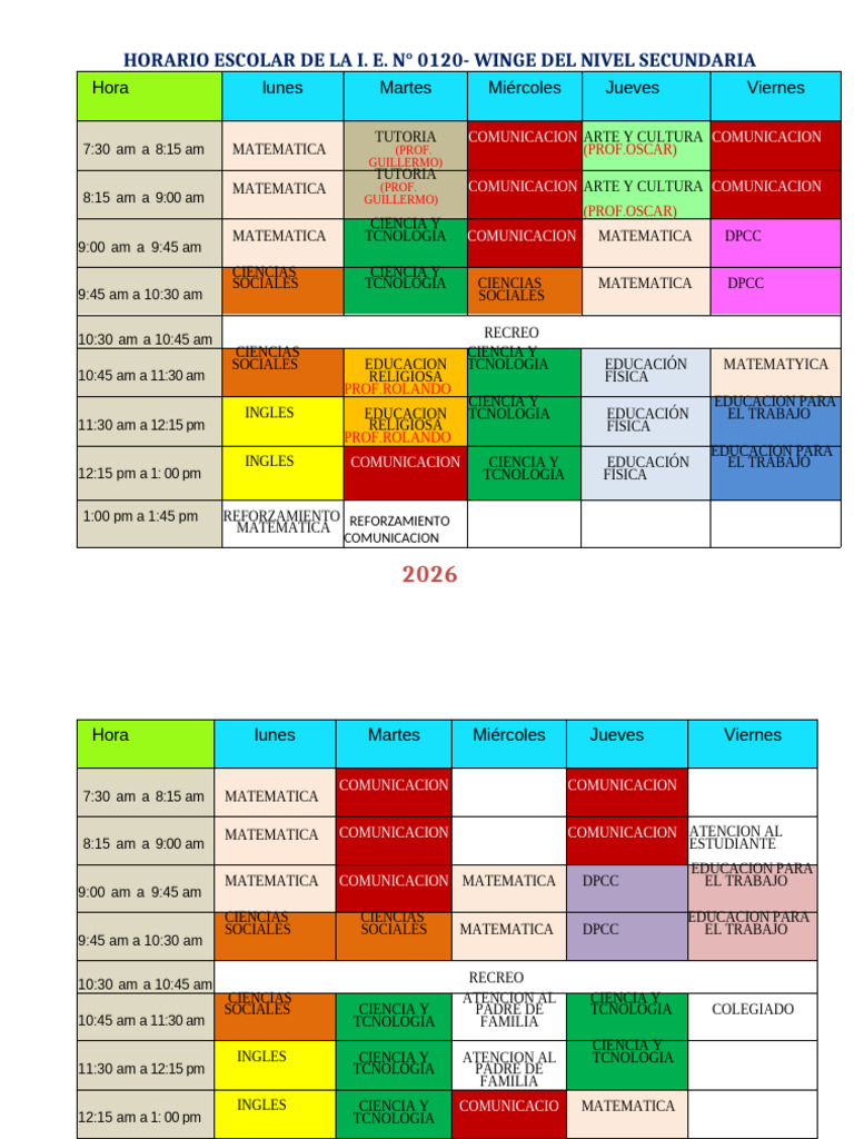 Horario Escolar de La I.E 0120 - Winge Del Nivel Secundaria 2026 | PDF