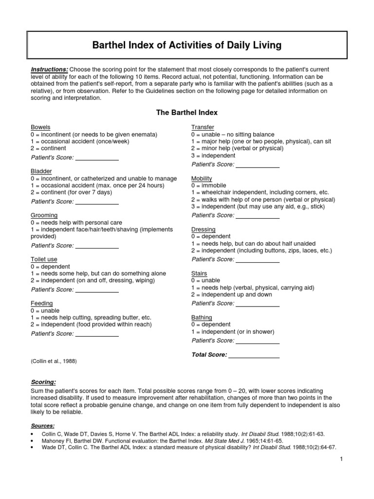 Barthel Index (0-20) | Wellness