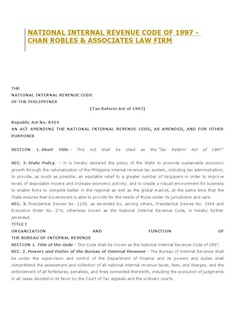 National Internal Revenue Code of 1997 | PDF | Capital Gains Tax ...