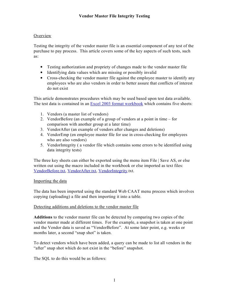 Vendor Master File Integrity Testing | PDF | Sql | Table (Database)