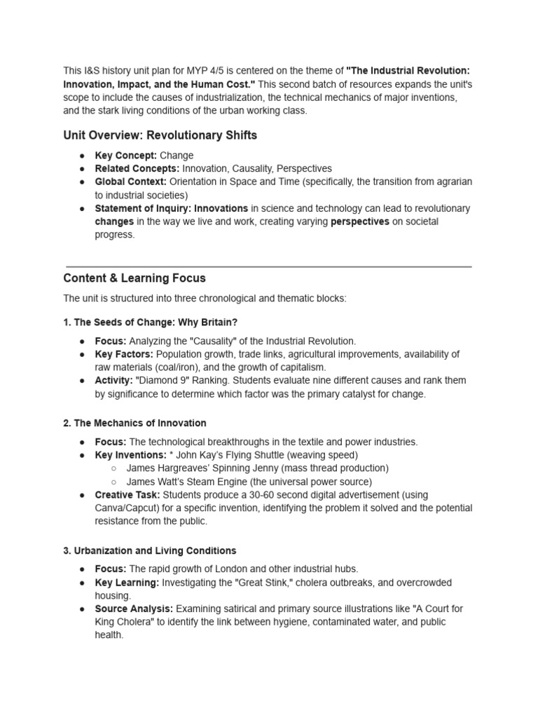 Unit Plan For MYP 4 - 5 On The Industrial Revolution - Innovation ...
