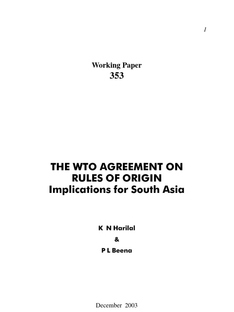 The Wto Agreement On Rules of Origin Implications For South Asia | PDF ...
