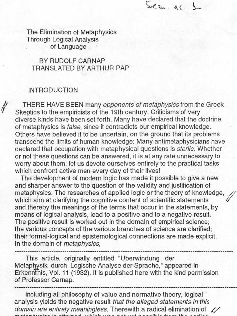 01-R Carnap-The Elimination of Metaphysics | PDF | Syntax | Metaphysics