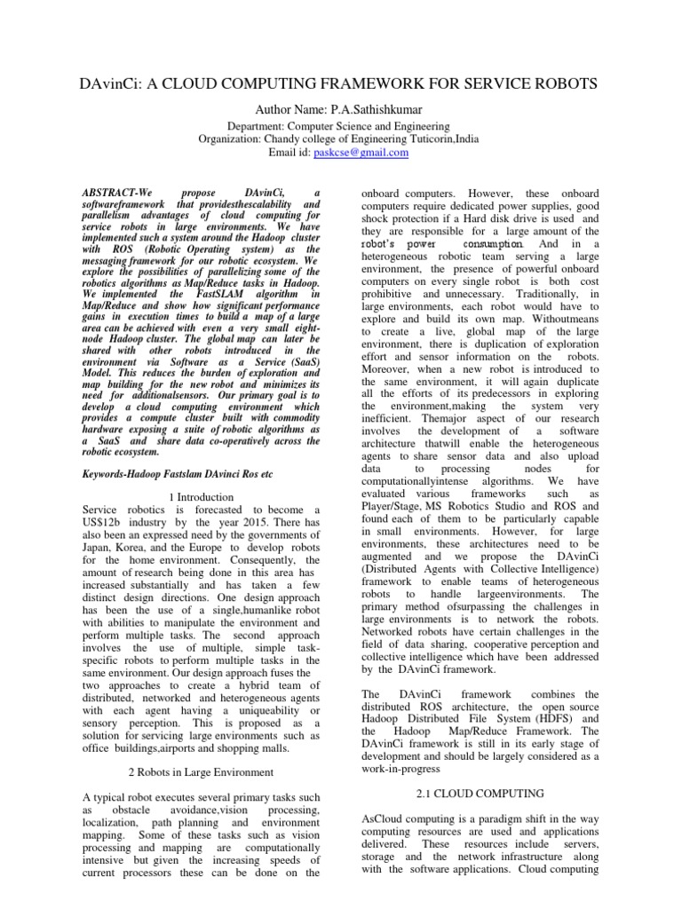 Davinci: A Cloud Computing Framework For Service Robots: Author Name: P.A.Sathishkumar | PDF ...