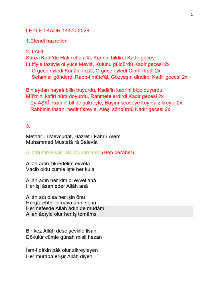 Leyle I Kadr Mevlid Metni 2026 | PDF