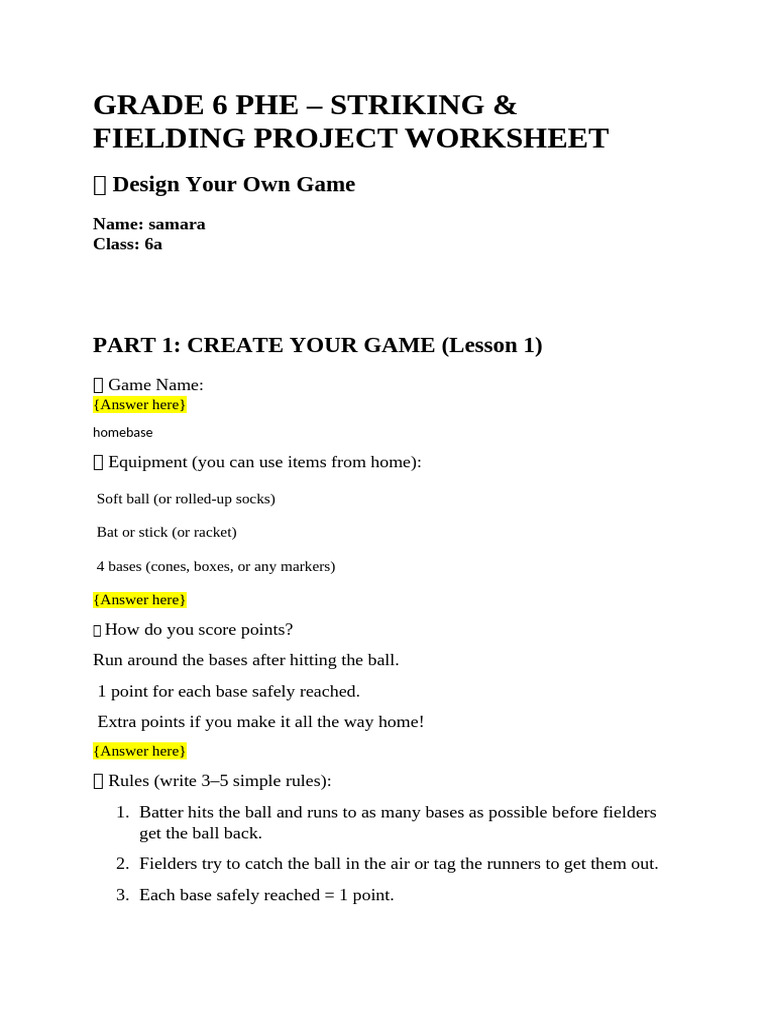 Grade 6 Striking Fieldintg Lesson 1 Worksheet | PDF