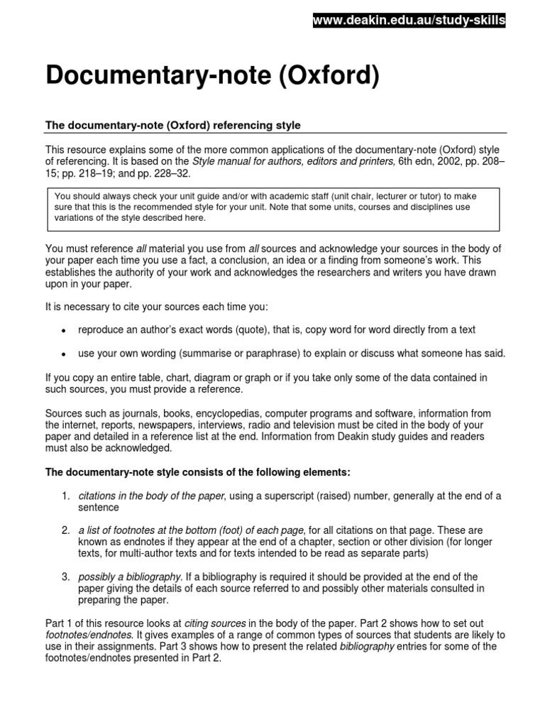 The Documentary-Note (Oxford) Referencing Style | PDF | Note ...