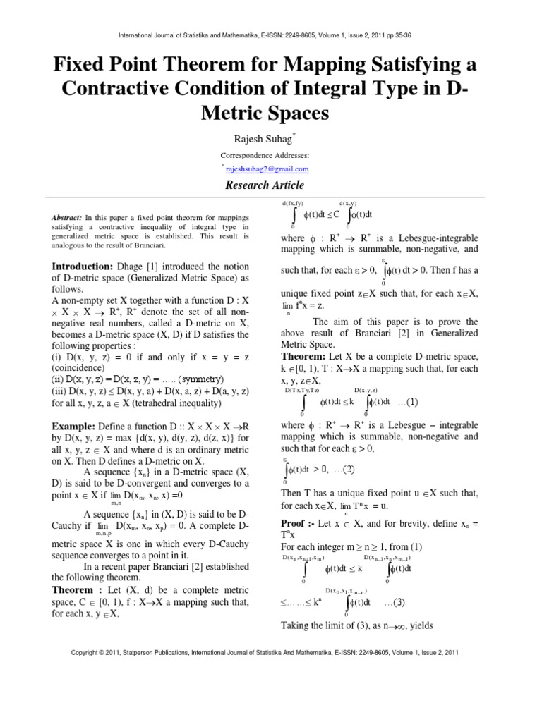 Fixed Point Theorem For Mapping Satisfying A Contractive Condition Of Integral Type In D Metric