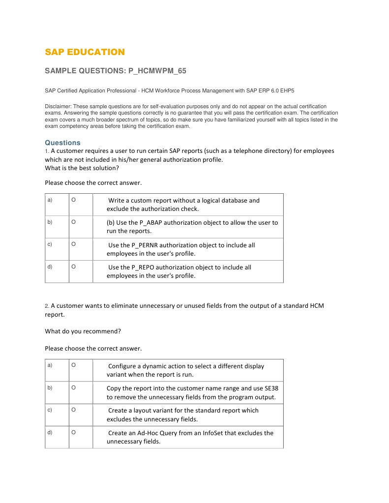 Sap Education: Sample Questions: P - HCMWPM - 65 | PDF | Databases ...