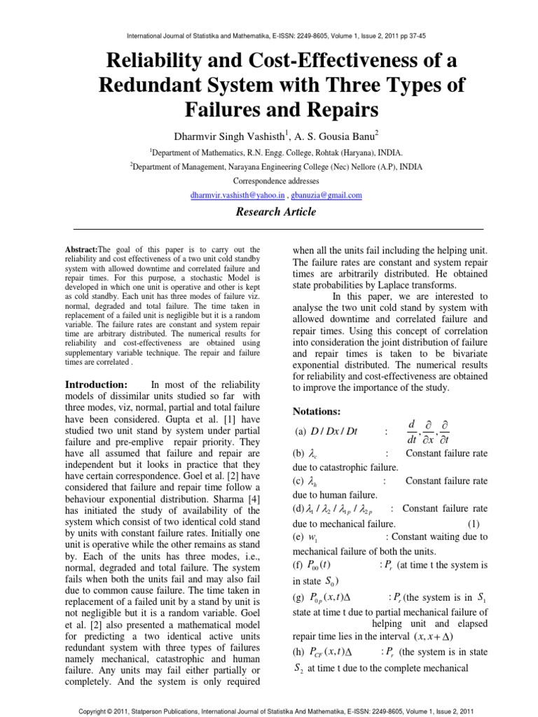 Reliability and Cost-Effectiveness of A Redundant System With Three Types of Failures and ...