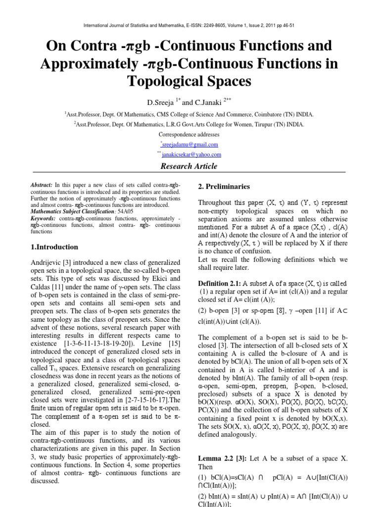 On Contra -πgb -Continuous Functions and Approximately -πgb-Continuous Functions in Topological ...
