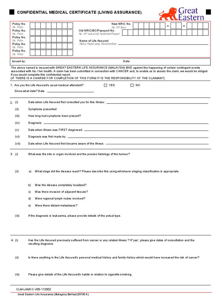 Great Eastern Life - Confidential Medical Certificate (Cancer ...
