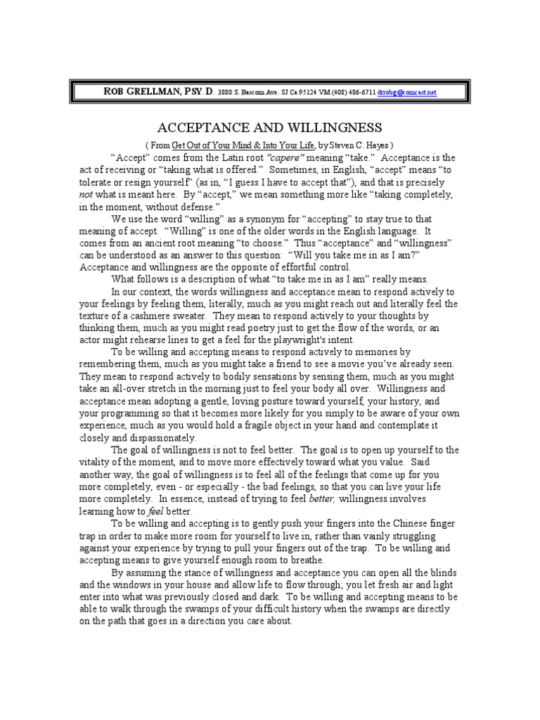 Embracing Acceptance and Willingness | PDF | Anxiety | Pain