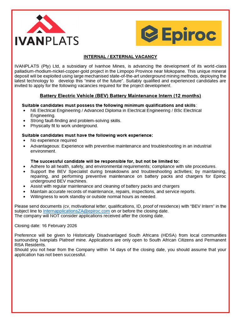 Epiroc BEV Intern 12 Months | PDF