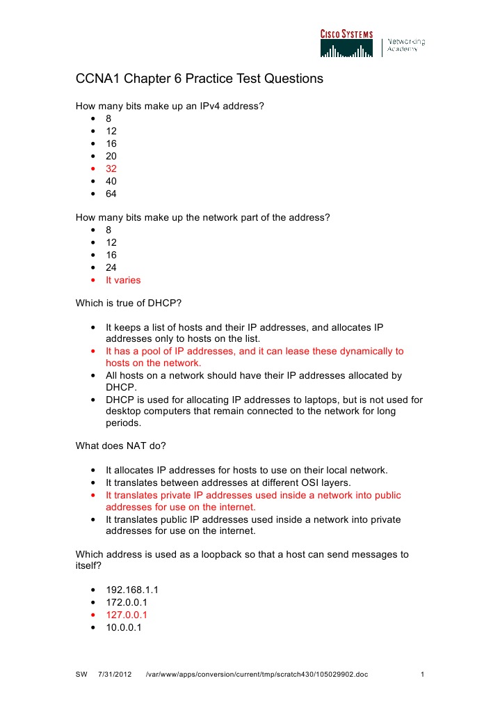 CCNA1 Chapter 6 Practice Test Questions: SW 7/31/2012 /var/www/apps ...