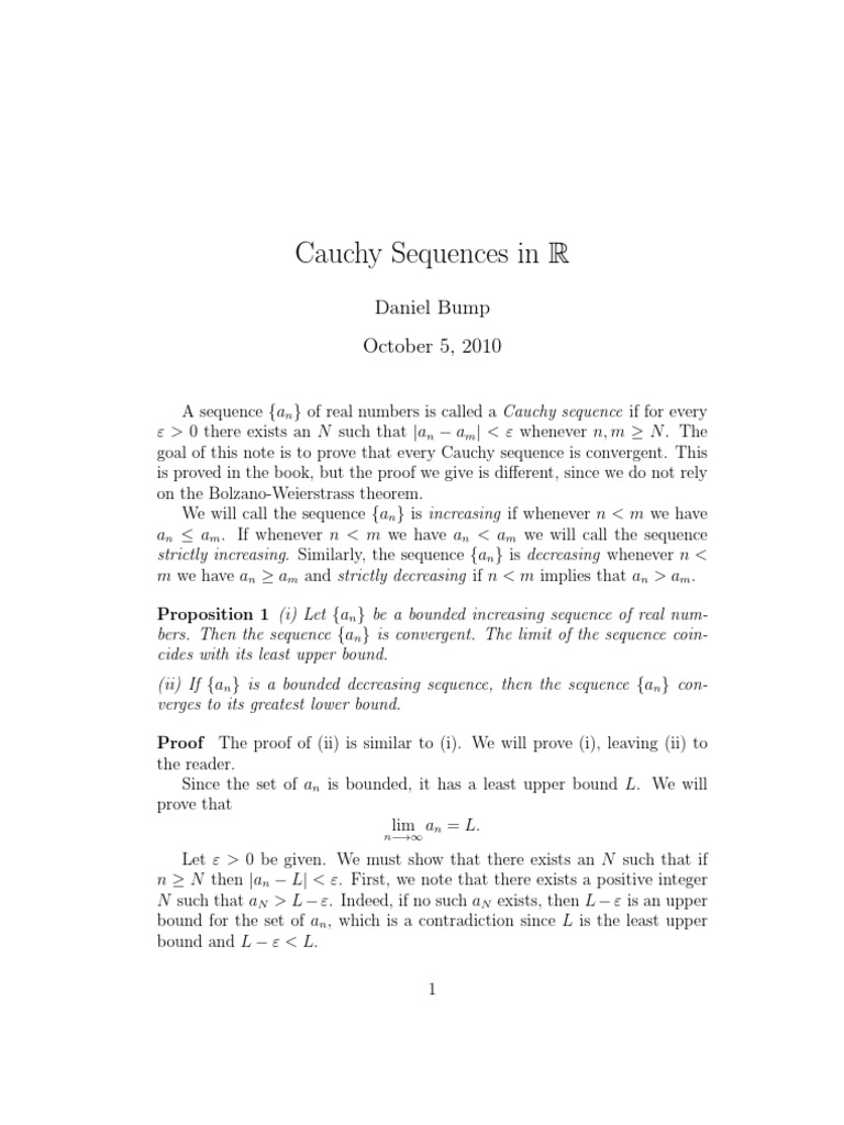 Cauchy Sequences in R: Daniel Bump October 5, 2010 | PDF | Sequence | Real Number
