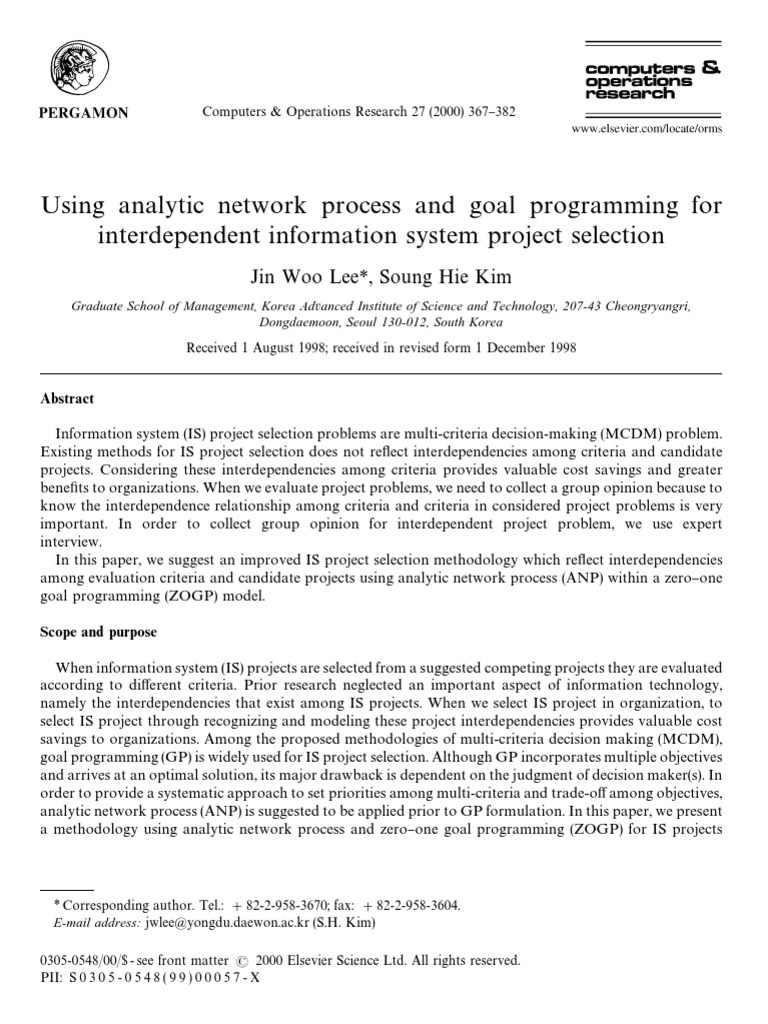 Using Analytic Network Process and Goal Programming For Interdependent ...