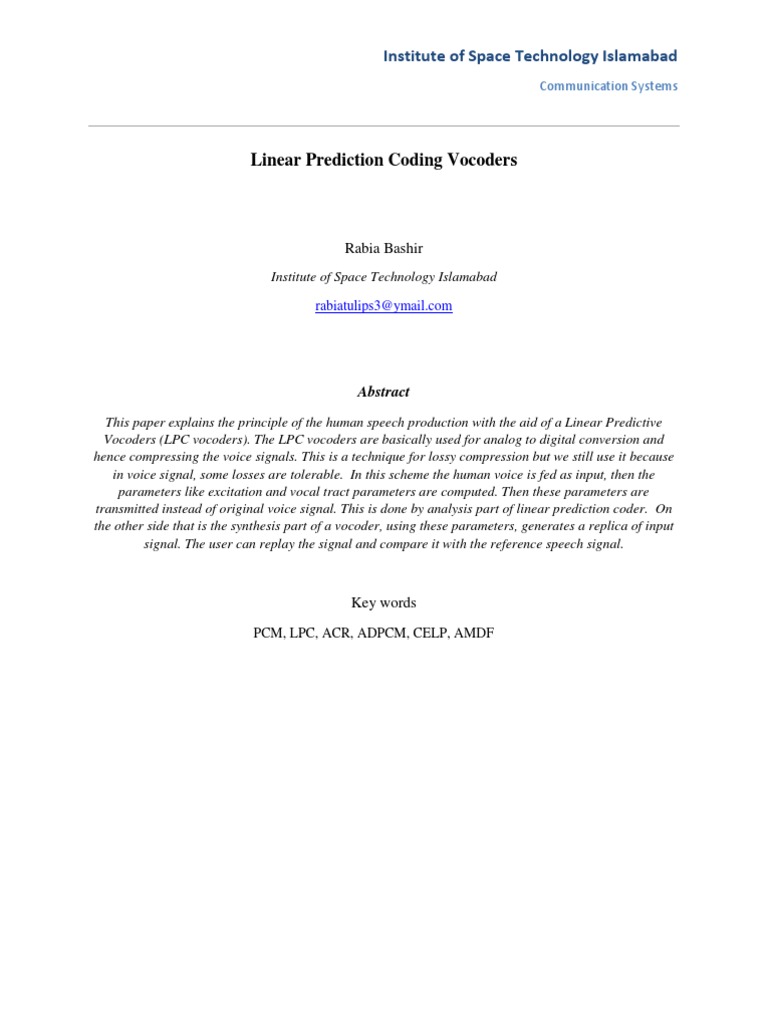 Linear Prediction Coding Vocoders: Institute of Space Technology ...