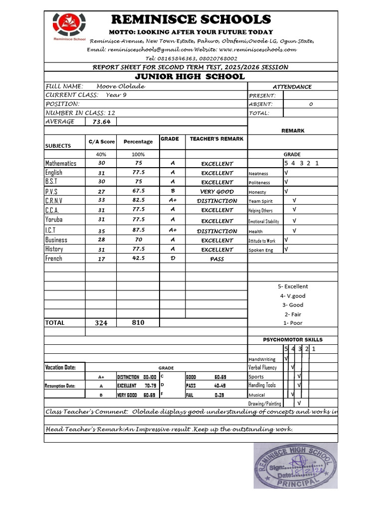 2nd Term Test Report 2025-2026 - Moore Ololade | PDF