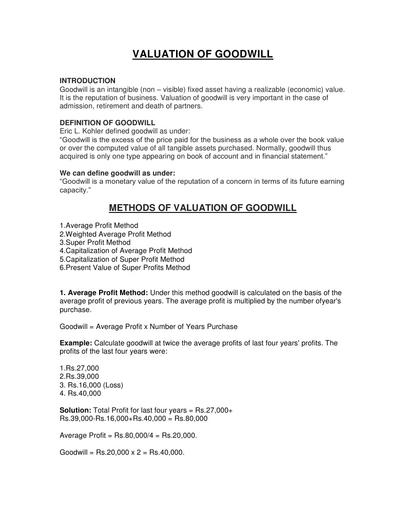 Methods of Valuation of Goodwill | PDF | Goodwill (Accounting ...