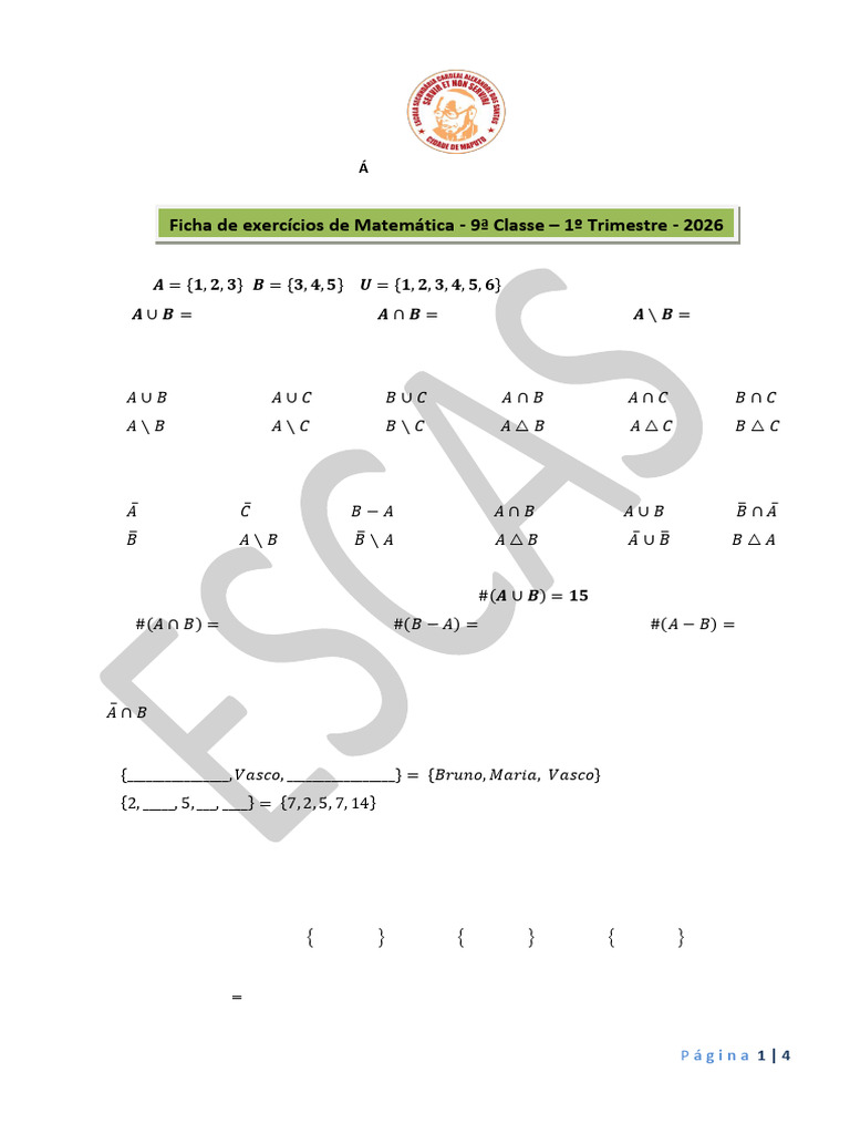 Ficha 1 - Matematica - 9 Classe - 1T - 2026 | PDF | Futebol | Matemática