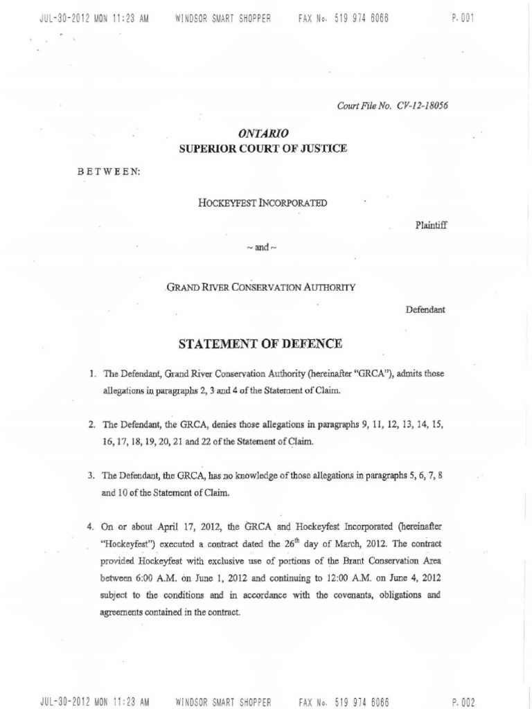GRCA Statement of Defence | Lawsuit | Damages