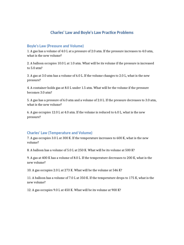 Charles and Boyles Law Problems | PDF