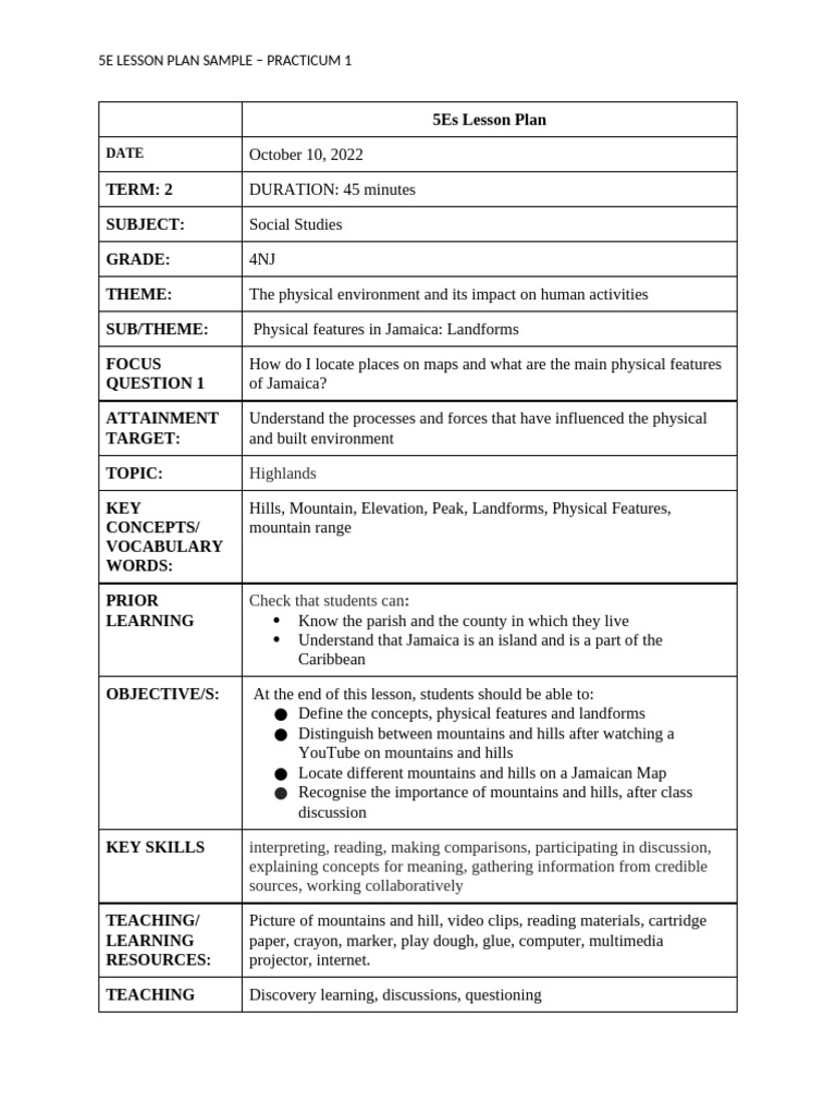 Practicum 1 - Lesson Plan Sample | PDF | Mountains | Cognition