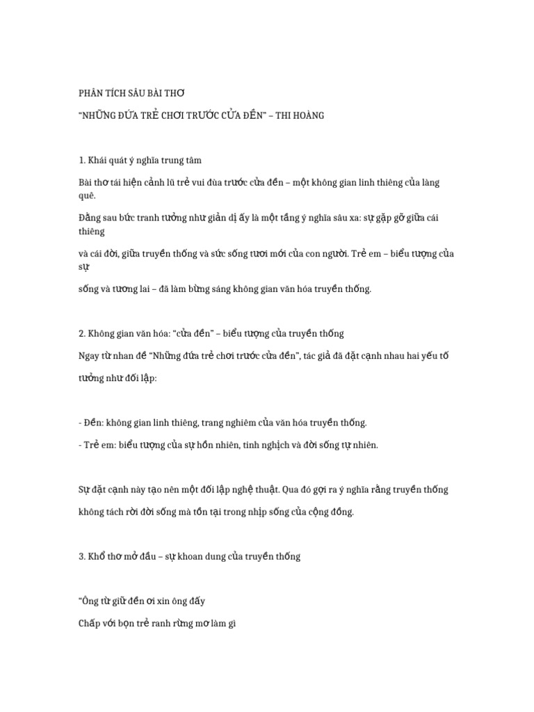 Phan Tich Bai Tho Nhung Dua Tre Choi Truoc Cua Den | PDF