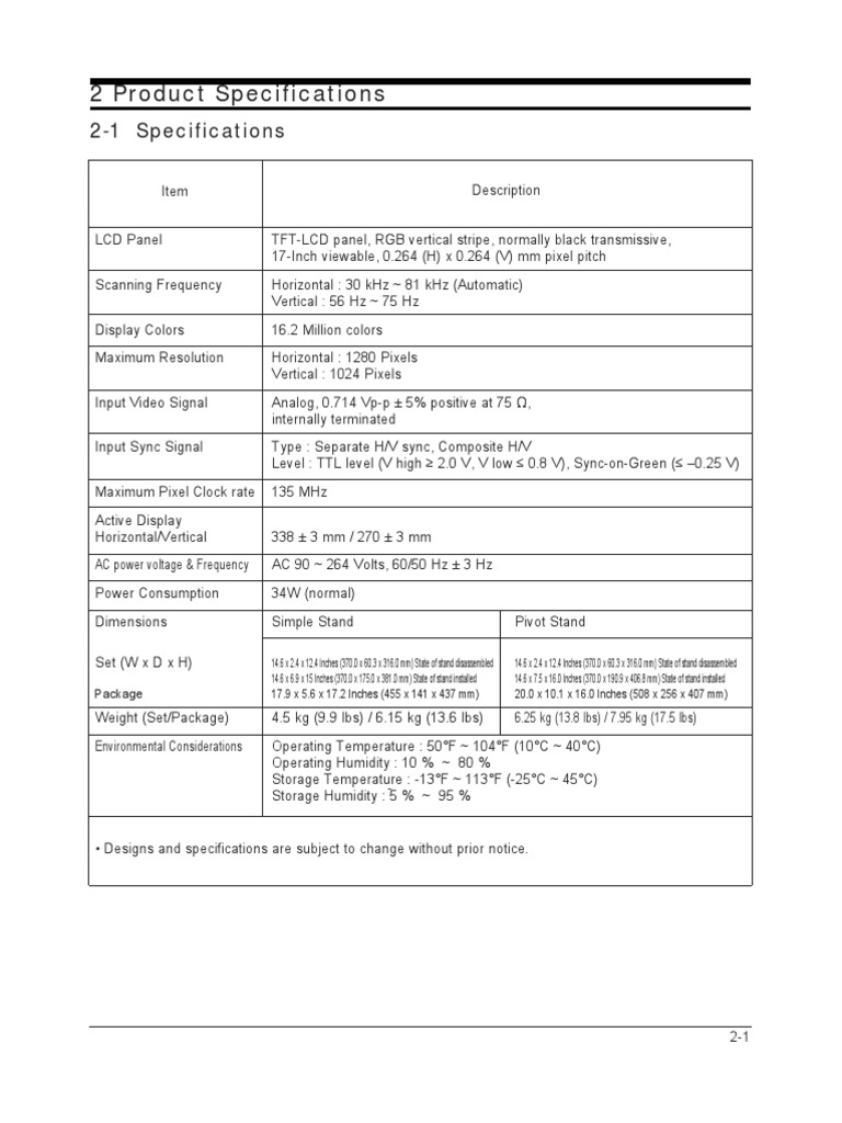 2 Product Specifications | PDF | Electronics | Display Technology