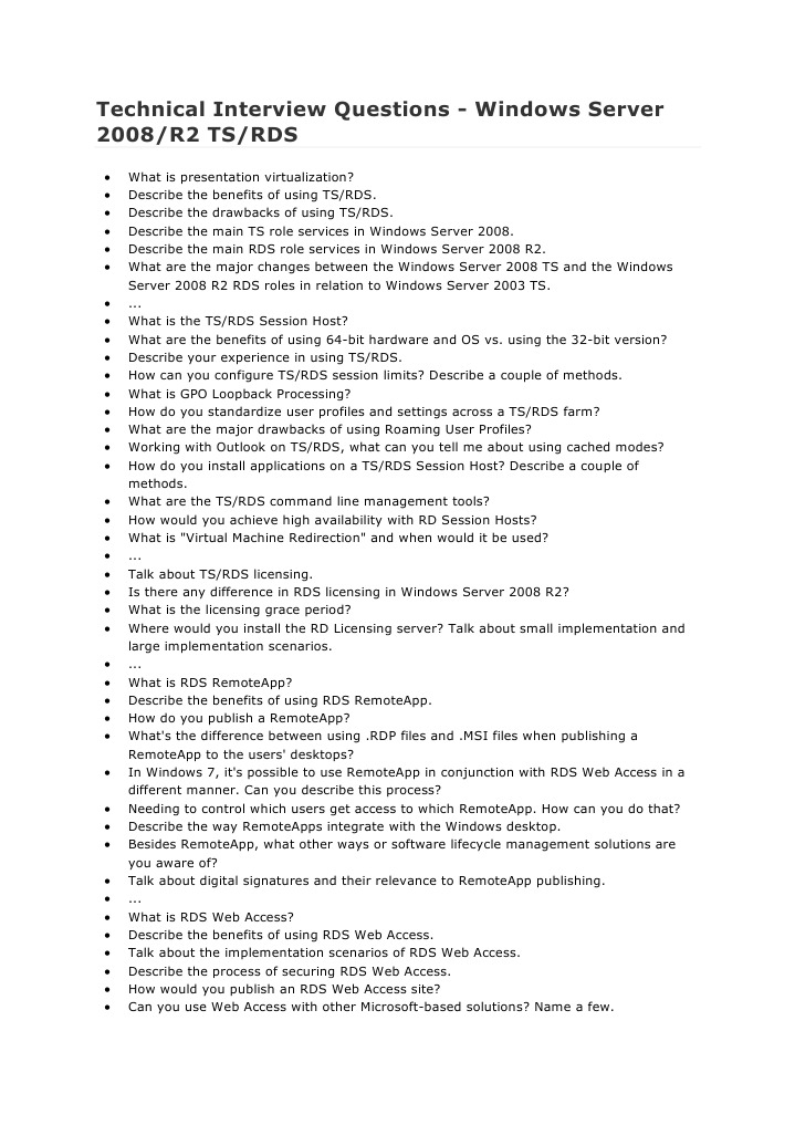 Technical Interview Questions - Windows Server 2008/R2 TS/RDS ...