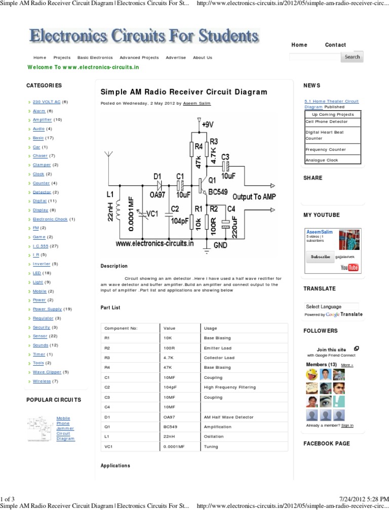 Simple AM Radio Receiver Circuit Diagram - Electronics Circuits For ...