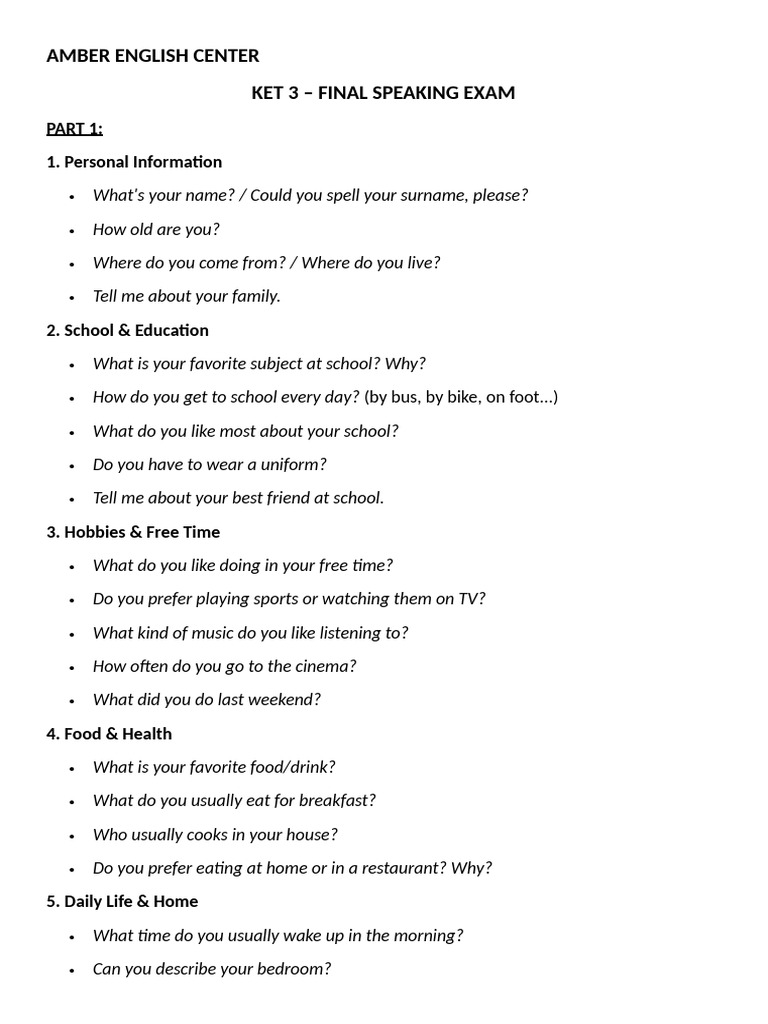 Speaking Test Cuối Khóa Ket 3 | PDF