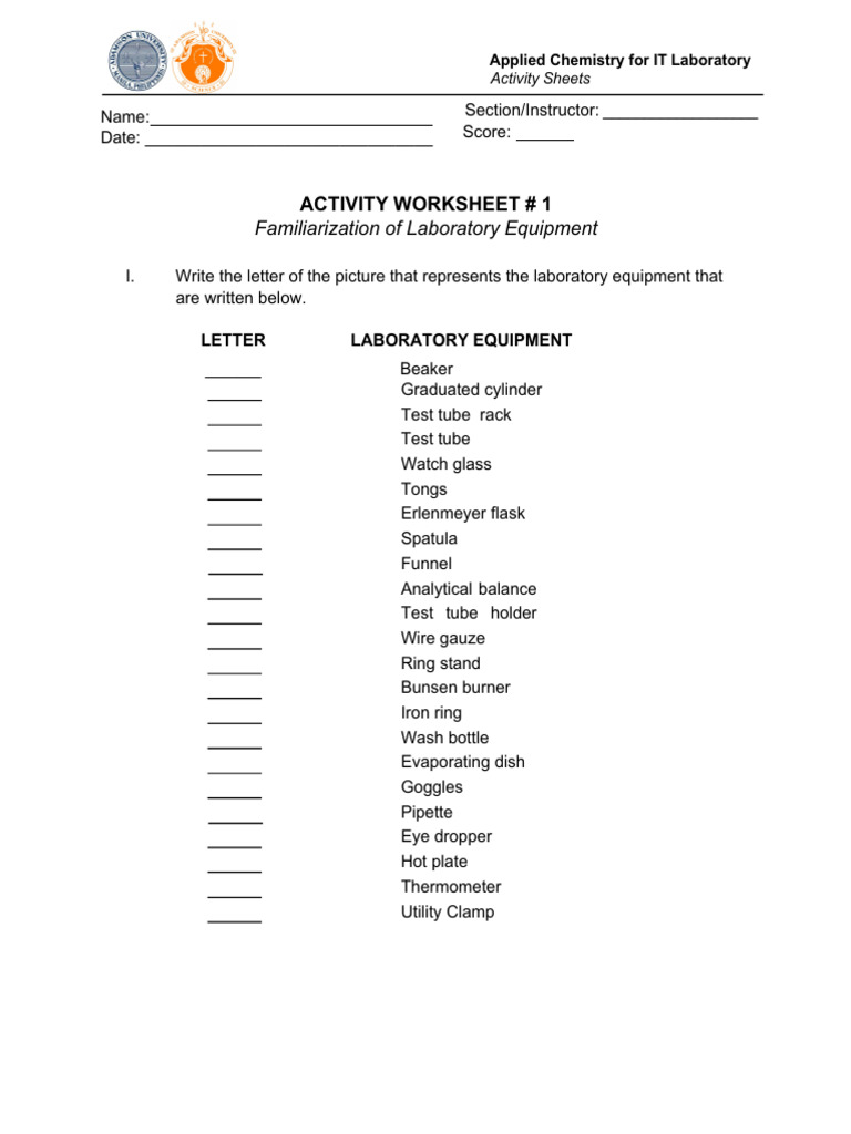Lab Apparatus Worksheet | PDF | Filtration | Laboratory Equipment