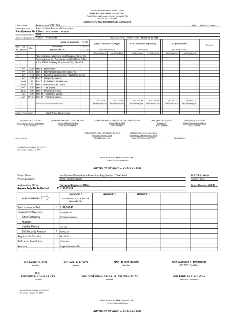 Abstract of Bids As Calculated-Infra (1st-2nd Quarter) | PDF ...
