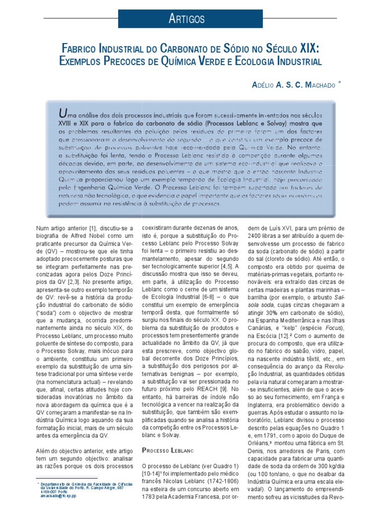 Processo Leblanc Vs Solvay Artigo | PDF | Carbonato de sódio | Cloro